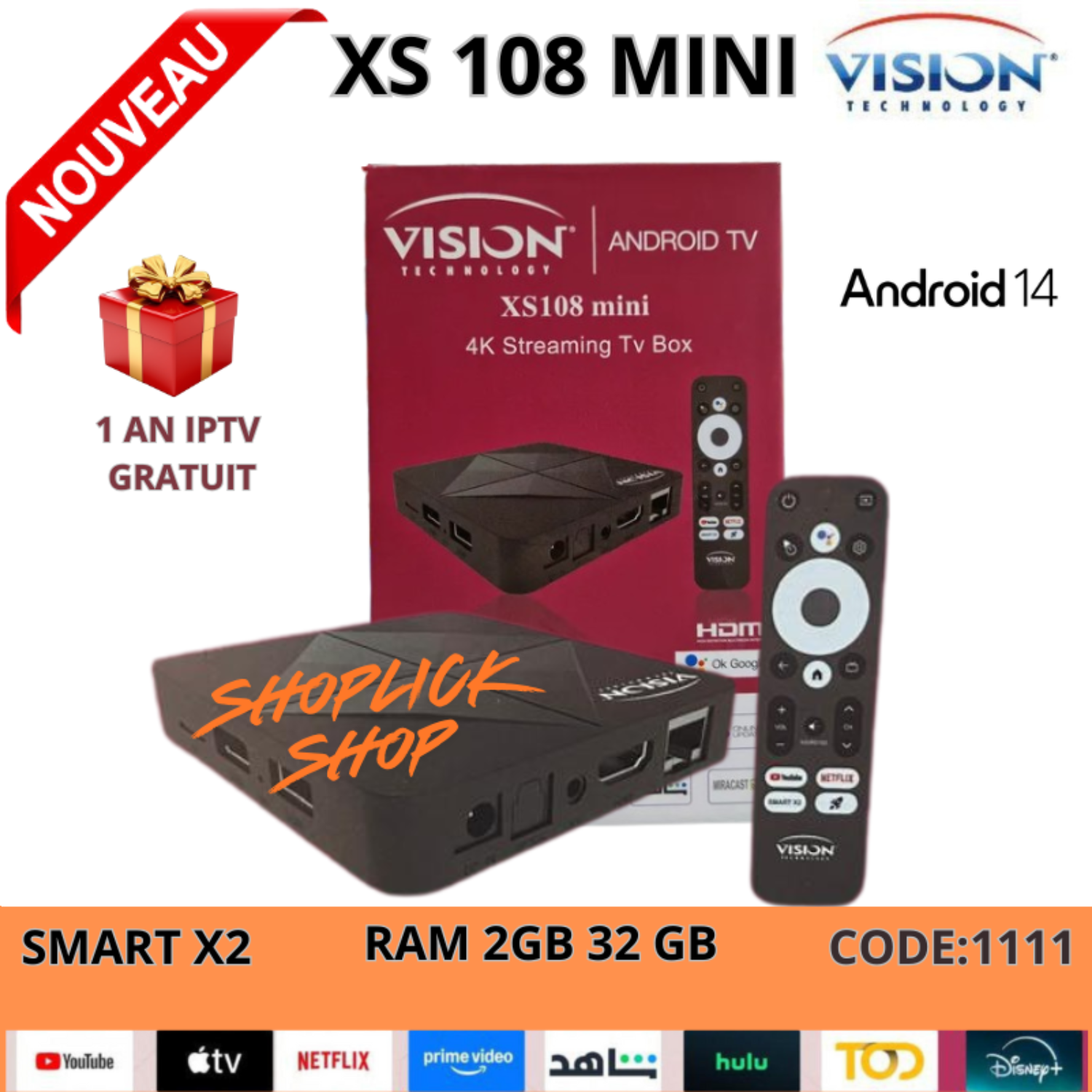 Smart TV Box - Vision - XS 108 mini PLUS - Android 14 - 4K - 32 Go de ...