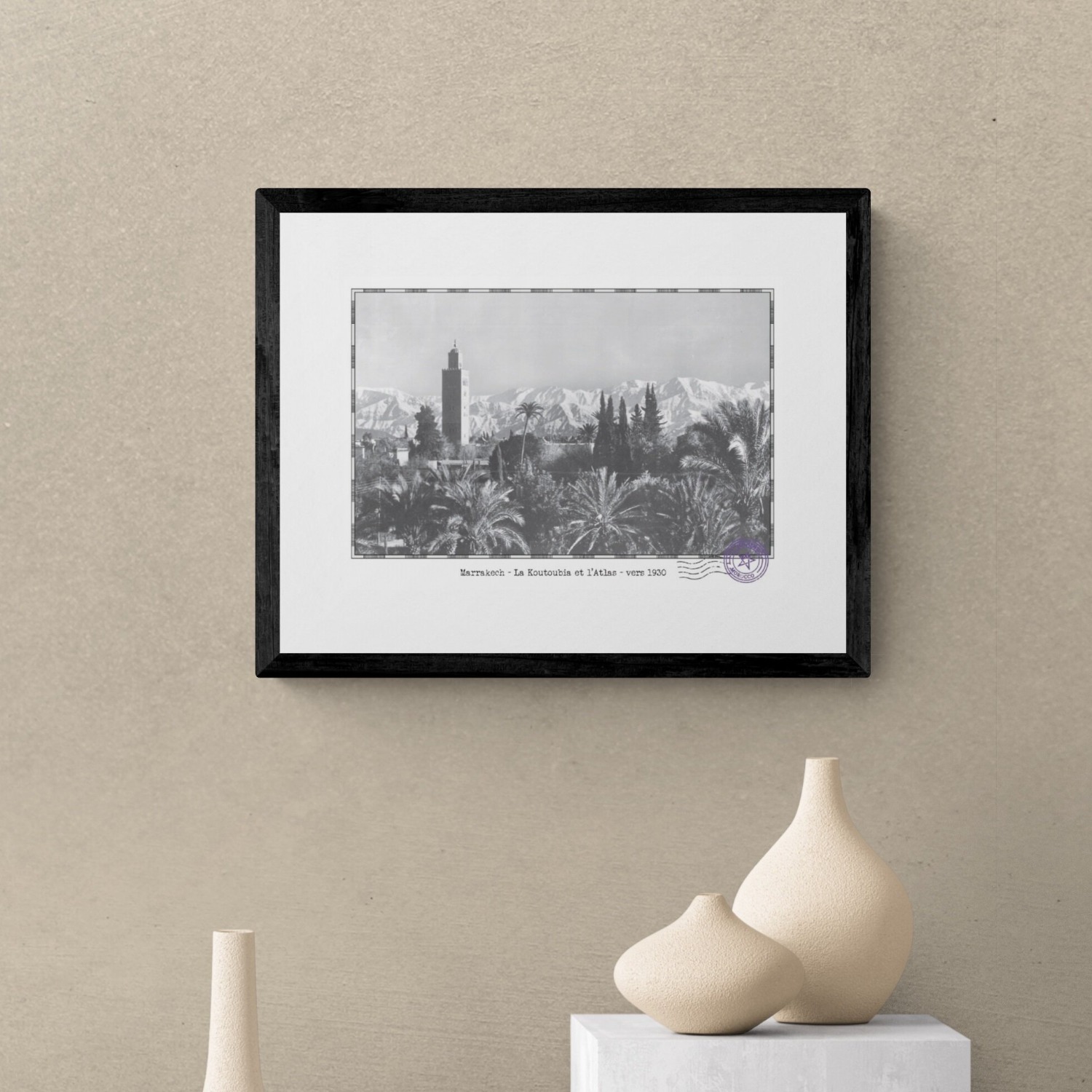 Affiche d'une vue ancienne de Marrakech - La Koutoubia et l'Atlas ...